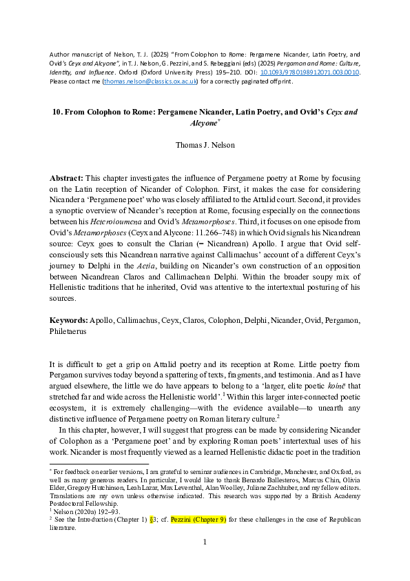 (PDF) From Colophon to Rome: Pergamene Nicander, Latin Poetry, and Ovid’s Ceyx and Alcyone