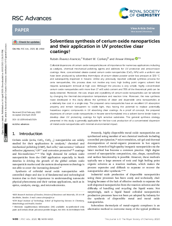 (PDF) Solventless synthesis of cerium oxide nanoparticles and their ...