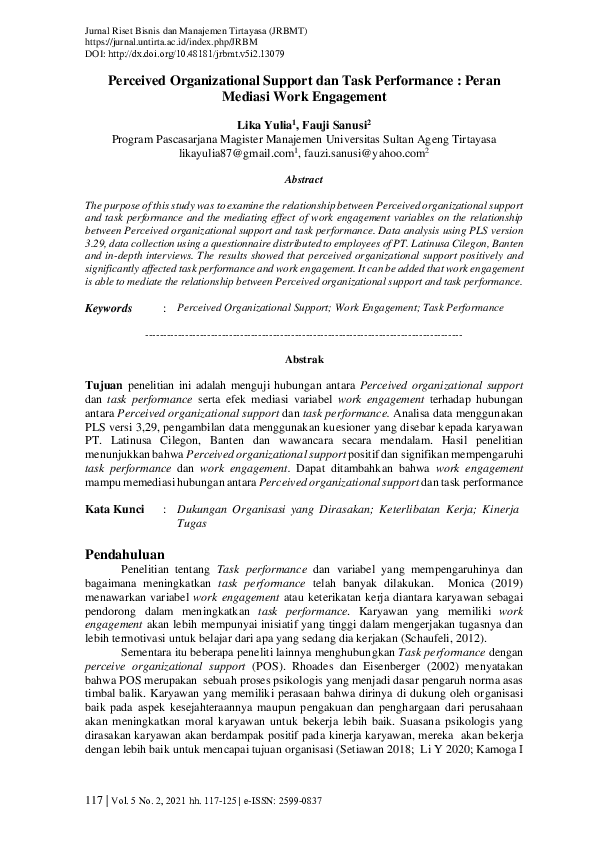 (PDF) Perceived Organizational Support dan Task Performance : Peran ...
