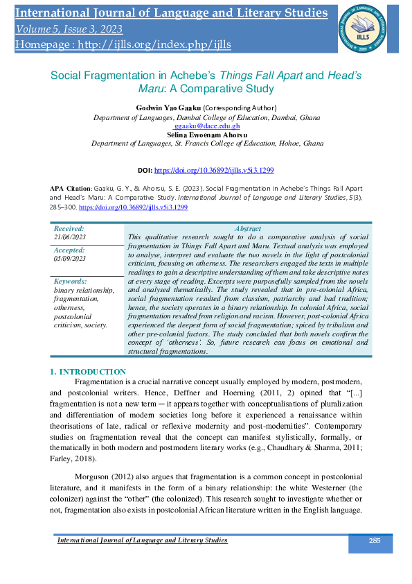 (PDF) Social Fragmentation in Achebe’s Things Fall Apart and Head’s Maru: A Comparative Study