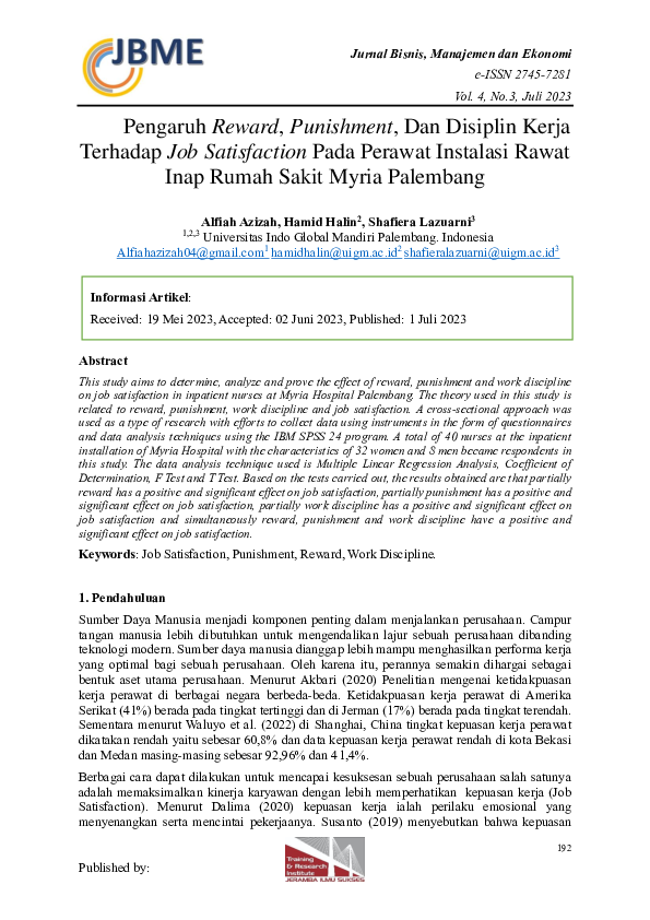 (PDF) Pengaruh Reward, Punishment Dan Disiplin Kerja Terhadap Job ...
