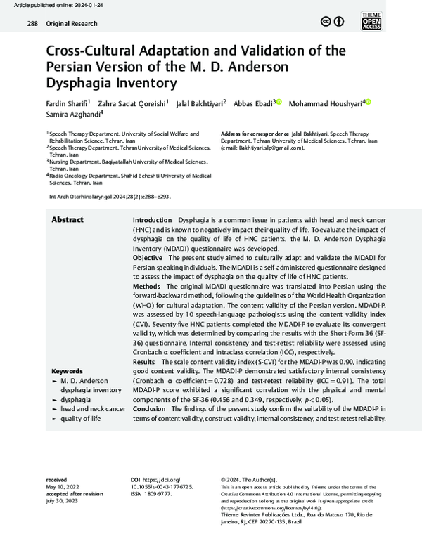 (PDF) Cross-Cultural Adaptation and Validation of the Persian Version of the M. D. Anderson ...