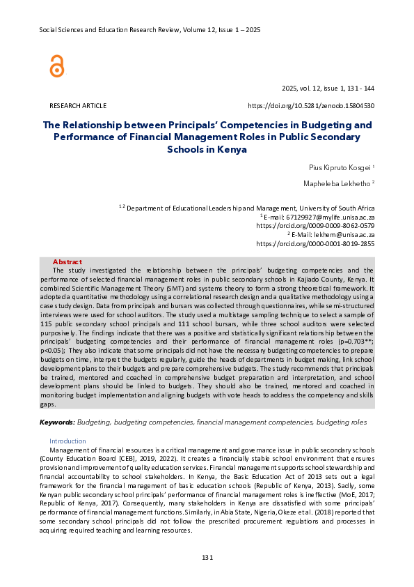 (PDF) The Relationship between Principals' Competencies in Budgeting ...