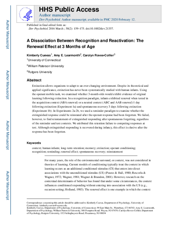 (PDF) A dissociation between recognition and reactivation: The renewal ...
