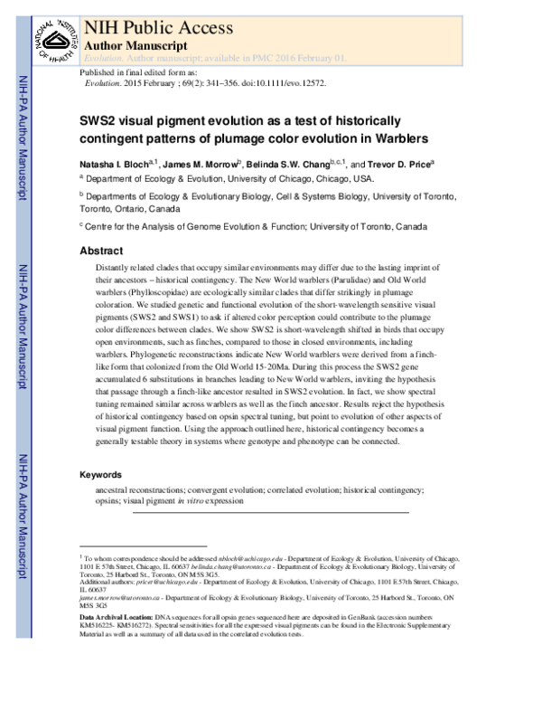 (PDF) SWS2 visual pigment evolution as a test of historically ...