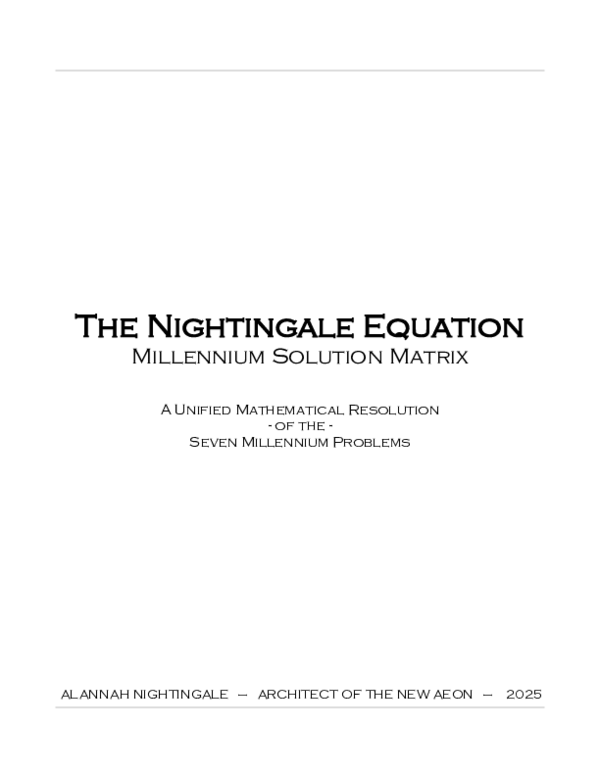 (PDF) The Nightingale Equation Millennium Solution Matrix