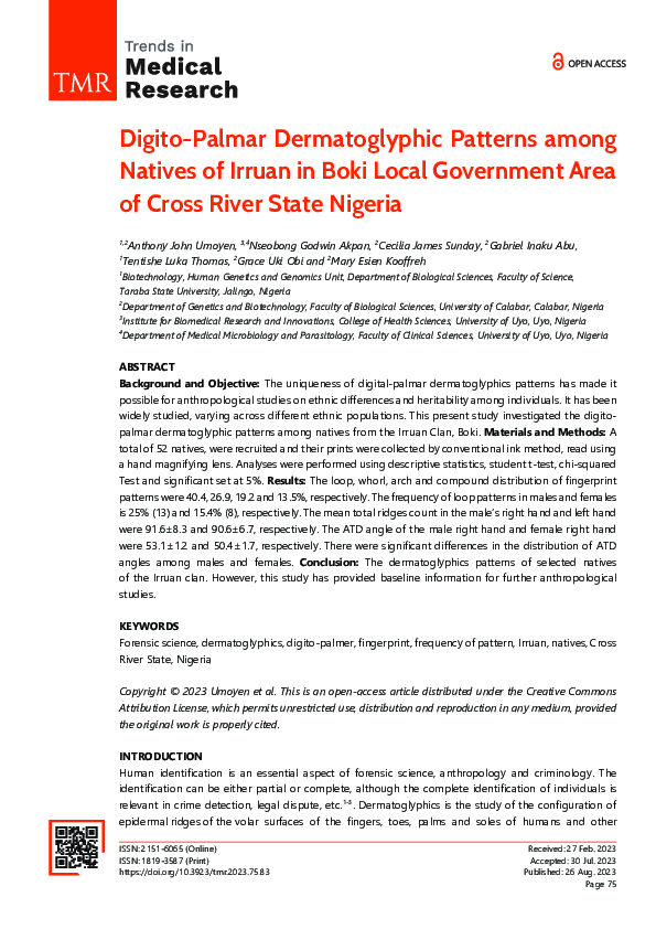 (PDF) Digito-Palmar Dermatoglyphic Patterns among Natives of Irruan in ...