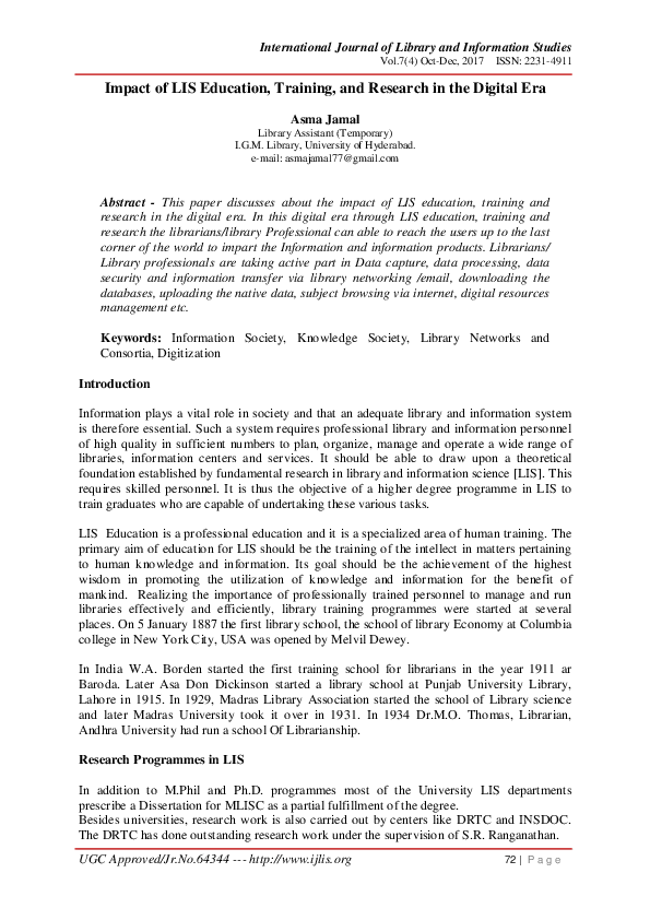 (PDF) Impact of LIS Education, Training, and Research in the Digital Era