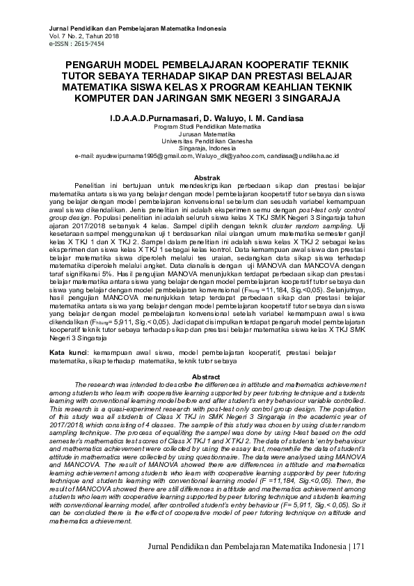 (PDF) Pengaruh Model Pembelajaran Kooperatif Teknik Tutor Sebaya ...