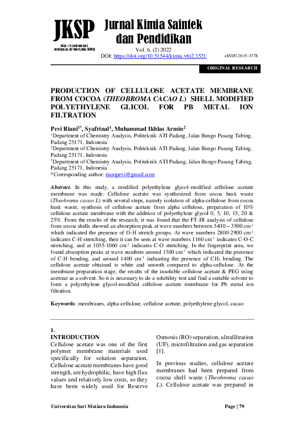 (PDF) Production of Cellulose Acetate Membrane from Cocoa (Theobroma ...