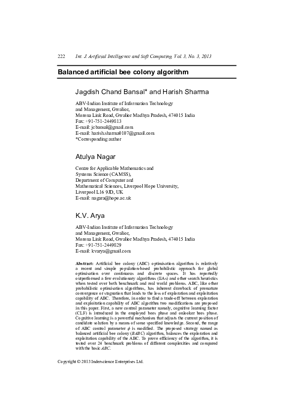 (PDF) Balanced artificial bee colony algorithm