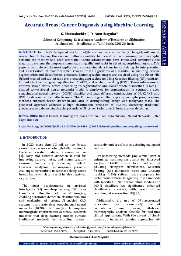(PDF) Accurate Breast Cancer Diagnosis using Machine Learning