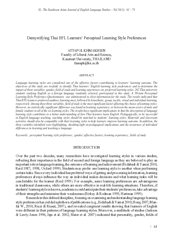 (PDF) Demystifying Thai EFL Learners' Perceptual Learning Style Preferences