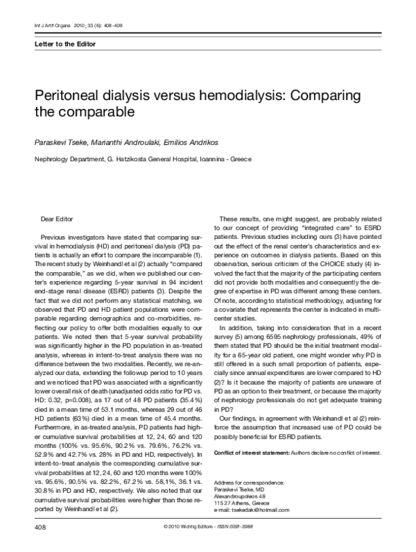 (PDF) Peritoneal Dialysis versus Hemodialysis: Comparing the Comparable