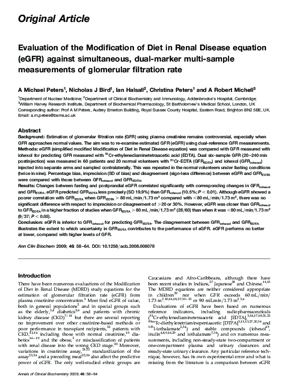 (PDF) Evaluation of the Modification of Diet in Renal Disease equation ...