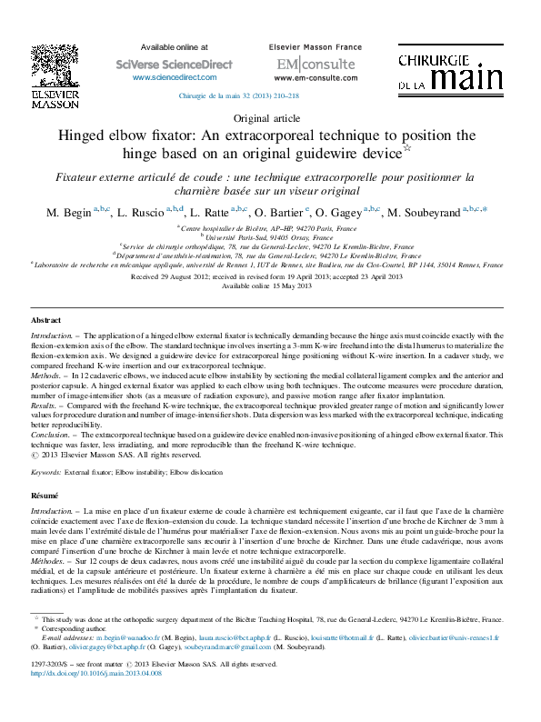 (PDF) Hinged elbow fixator: an extracorporeal technique to position the ...