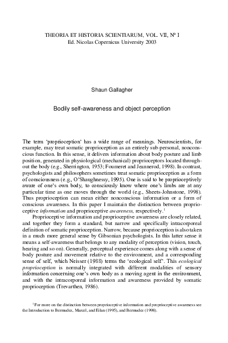 (PDF) Bodily self-awareness and object perception