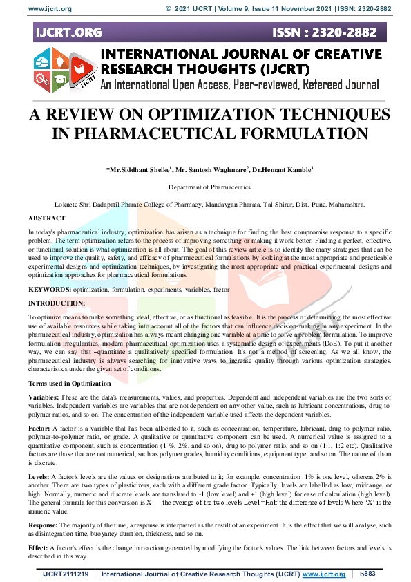 (PDF) A Review on Optimization Techniques in Pharmaceutical Formulation