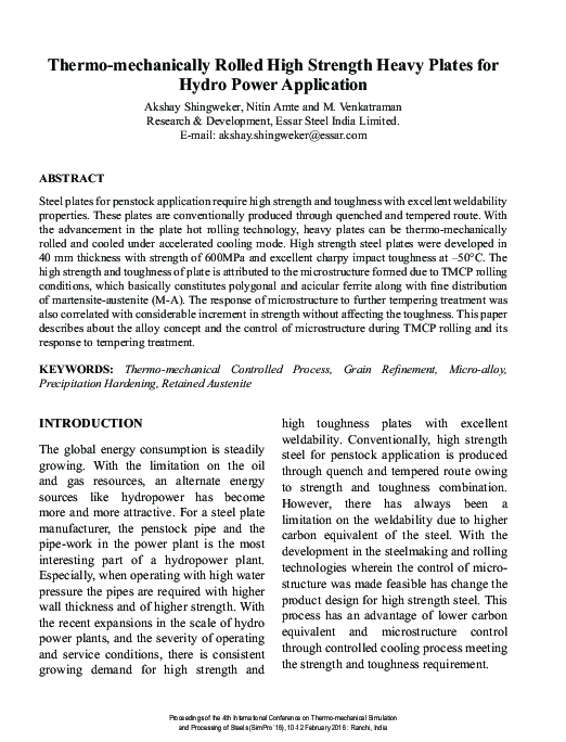 (PDF) Thermo-mechanically Rolled High Strength Heavy Plates for Hydro ...