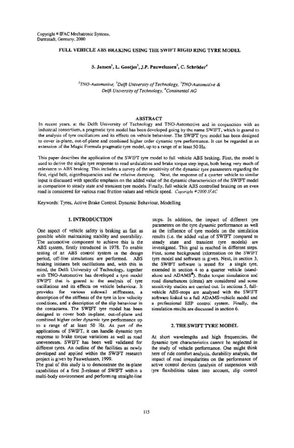 (PDF) Full vehicle ABS braking using the SWIFT rigid ring tyre model