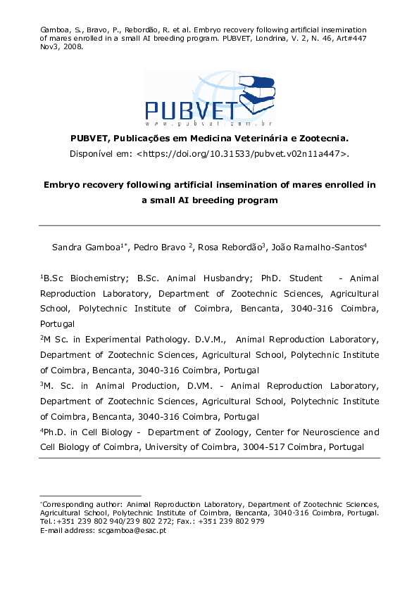 (PDF) Embryo recovery following artificial insemination of mares ...