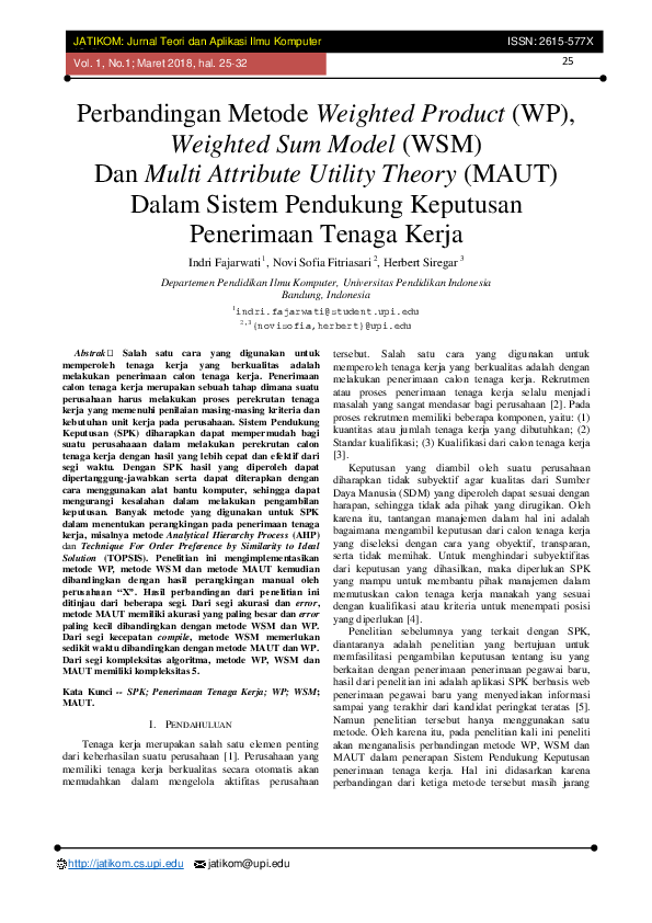 Pdf Perbandingan Metode Weighted Product Wp Weighted Sum Model