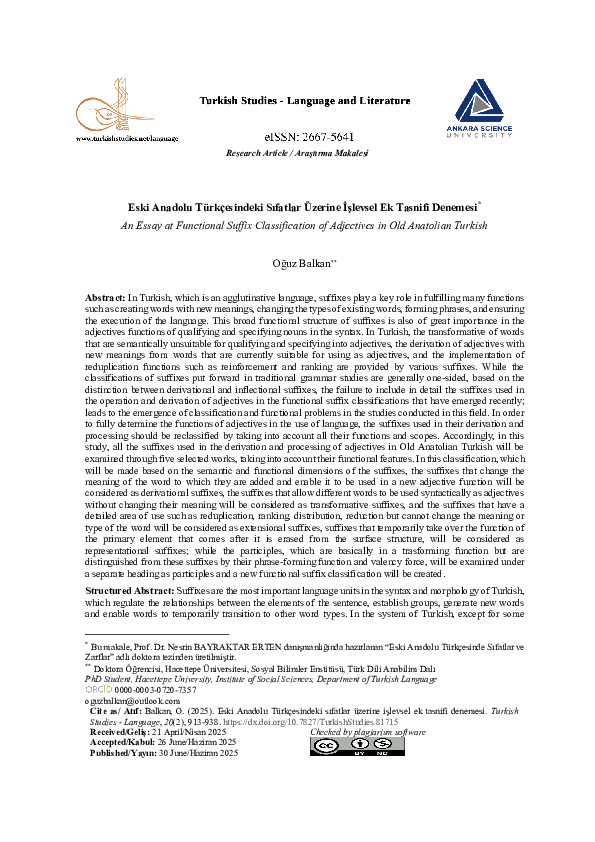 (PDF) Eski Anadolu Türkçesindeki Sıfatlar Üzerine İşlevsel Ek Tasnifi ...