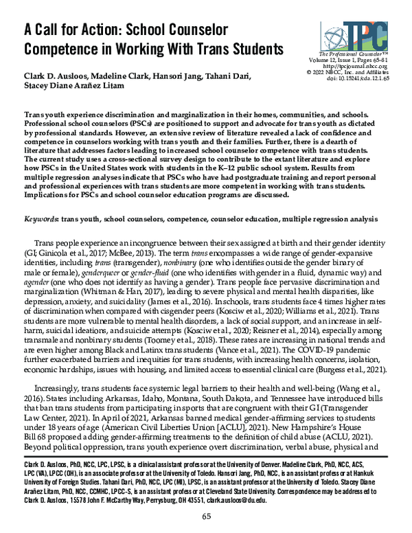 (PDF) A Call for Action: School Counselor Competence in Working with ...