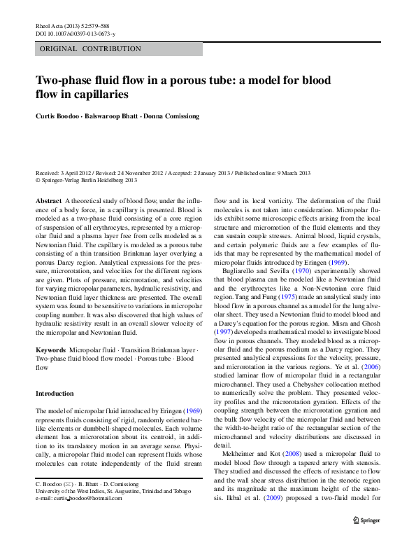 (PDF) Two-phase fluid flow in a porous tube: a model for blood flow in ...