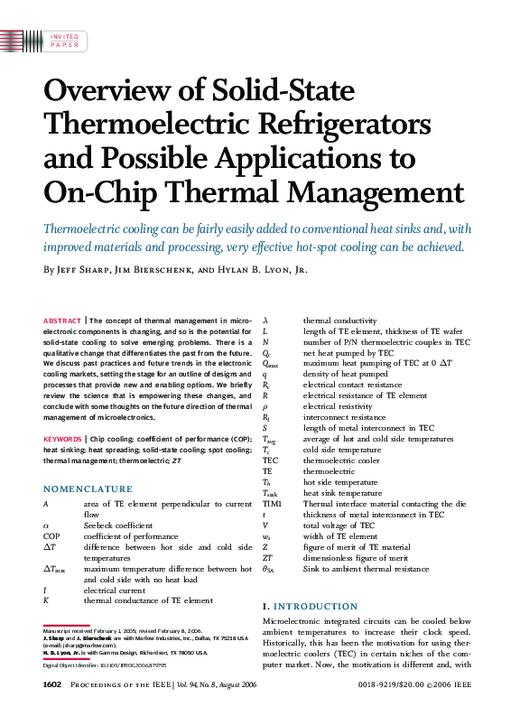 (PDF) Overview of Solid-State Thermoelectric Refrigerators and Possible ...