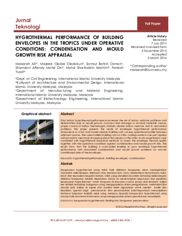 (PDF) Hygrothermal Performance of Building Envelopes in the Tropics ...