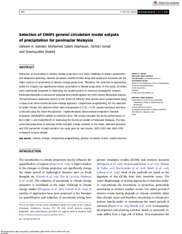(PDF) Selection of CMIP5 general circulation model outputs of ...