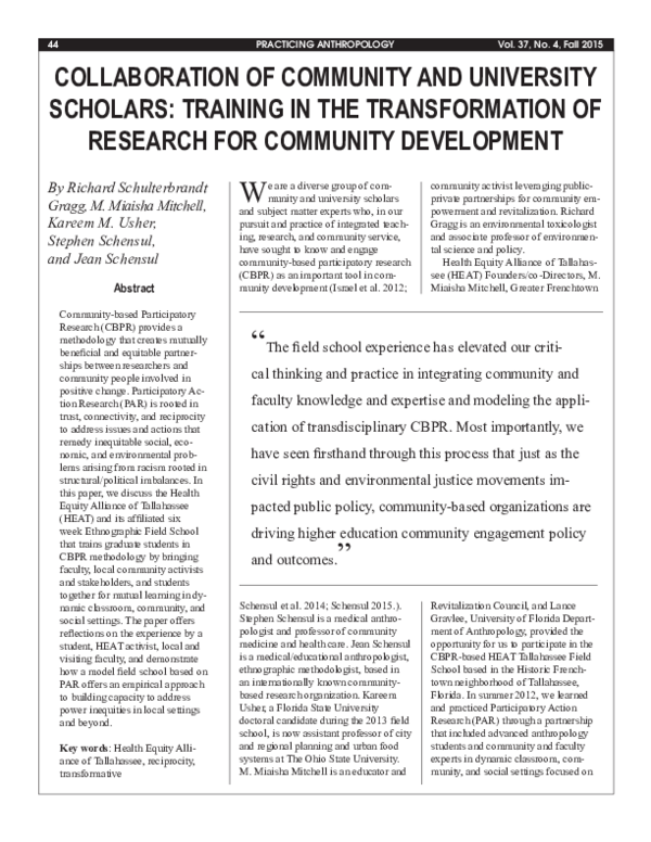 (PDF) Collaboration of Community and University Scholars: Training in ...