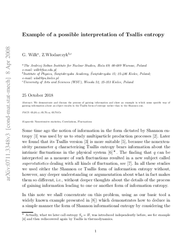 (PDF) Example of a possible interpretation of Tsallis entropy