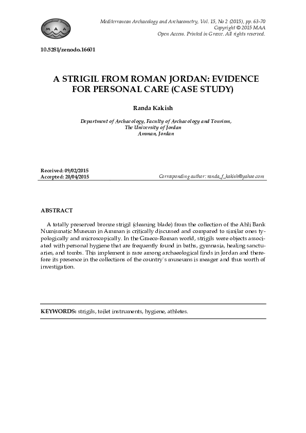 (PDF) A Strigil from Roman Jordan: Evidence for Personal Care (Case Study)