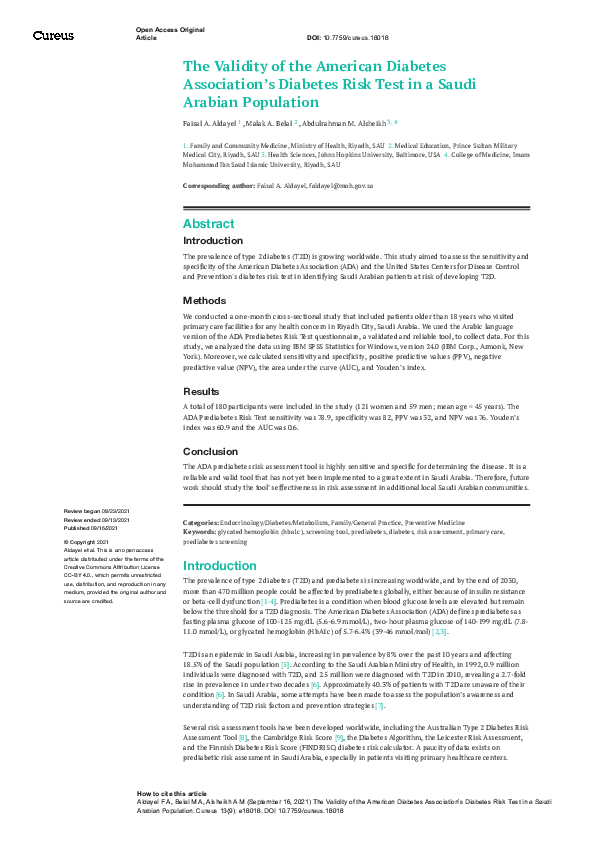 (PDF) The Validity of the American Diabetes Association’s Diabetes Risk ...