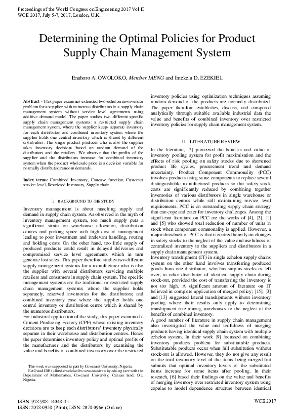 (PDF) Determining the Optimal Policies for Product Supply Chain ...