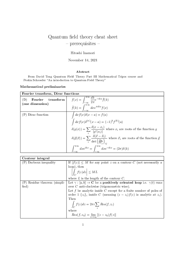 (PDF) Quantum field theory cheat sheet -prerequisites