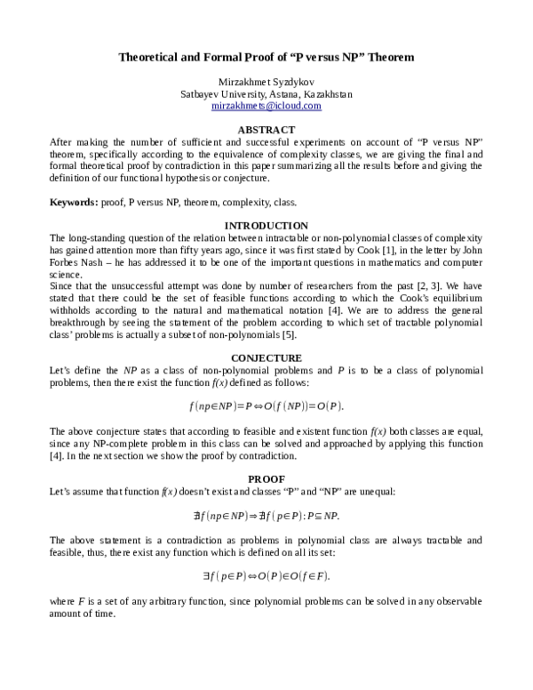 (PDF) Theoretical and Formal Proof of "P versus NP" Theorem