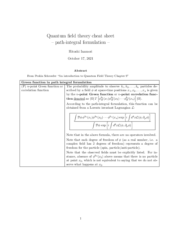 (PDF) Quantum field theory cheat sheet -path-integral formulation