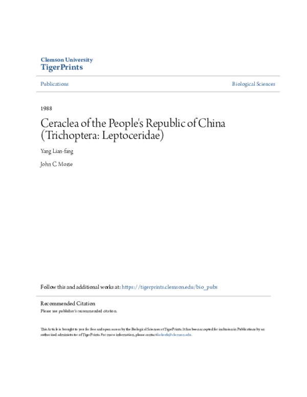 (PDF) Ceraclea of the People's Republic of China (Trichoptera ...
