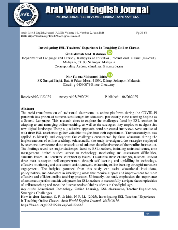 (PDF) Investigating ESL Teachers’ Experience in Teaching Online Classes