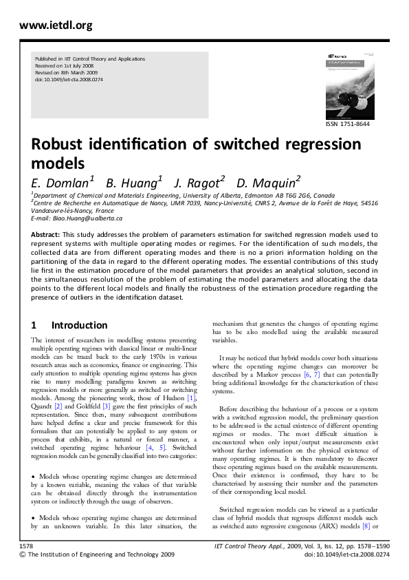 (PDF) Robust identification of switched regression models
