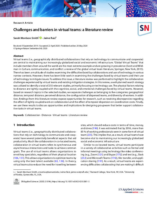 (PDF) Challenges and barriers in virtual teams: a literature review