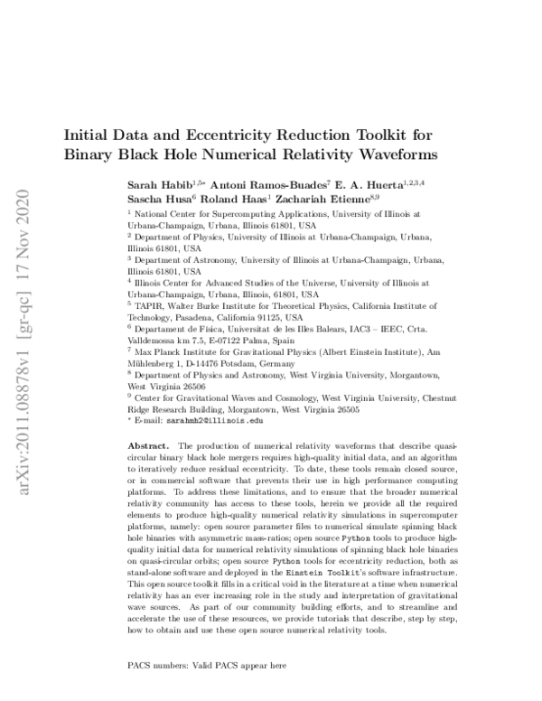 (PDF) Initial data and eccentricity reduction toolkit for binary black hole numerical relativity ...
