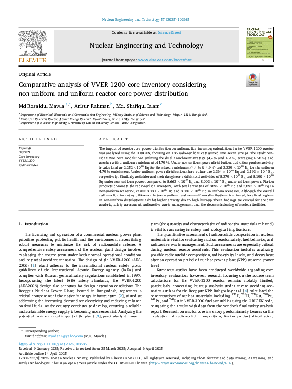 (PDF) Comparative analysis of VVER-1200 core inventory considering non-uniform and uniform ...