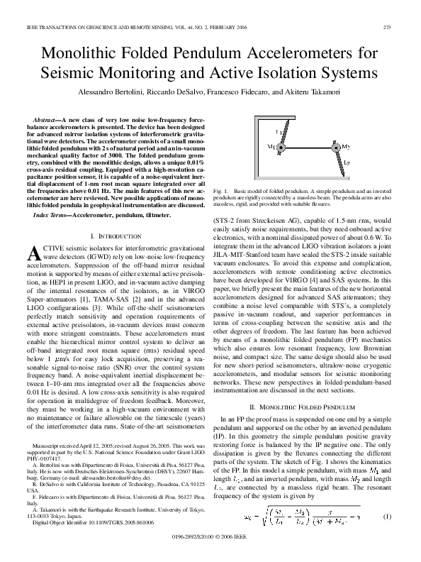 (PDF) Monolithic folded pendulum accelerometers for seismic monitoring ...
