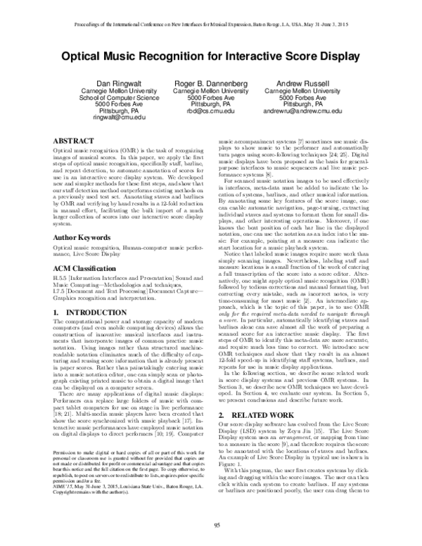 (PDF) Optical Music Recognition For Interactive Score Display