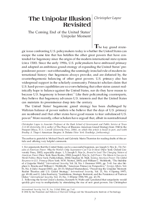 (PDF) The Unipolar Illusion Revisited: The Coming End of the United ...