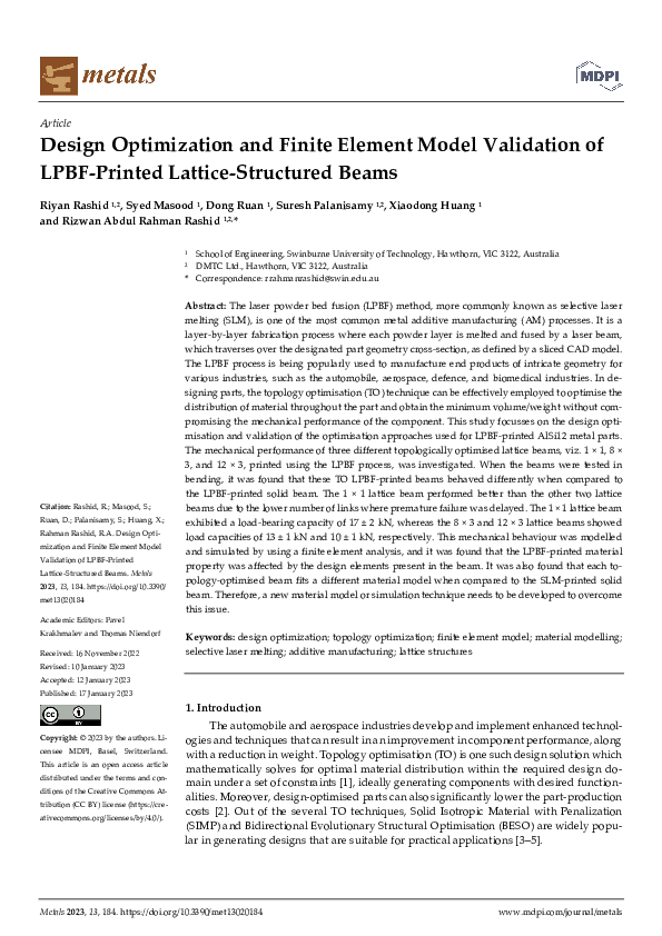 (PDF) Design Optimization and Finite Element Model Validation of LPBF-Printed Lattice-Structured ...